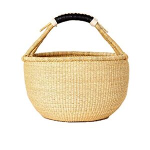 Extra Large Ghana Bolga African Dye-Free Market Basket with Black & Tan Handle - (Extra Large: 16”-18” Across)