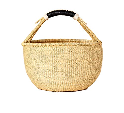 Extra Large Ghana Bolga African Dye-Free Market Basket with Black & Tan Handle - (Extra Large: 16”-18” Across)