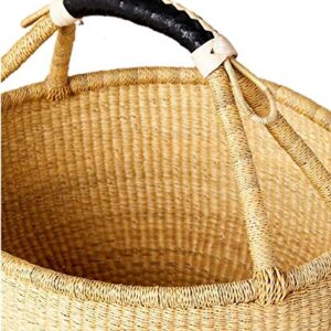 Extra Large Ghana Bolga African Dye-Free Market Basket with Black & Tan Handle - (Extra Large: 16”-18” Across)