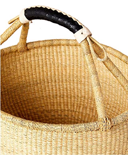 Extra Large Ghana Bolga African Dye-Free Market Basket with Black & Tan Handle - (Extra Large: 16”-18” Across)