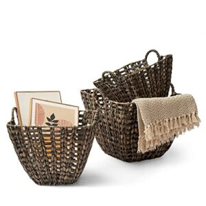 artera large wicker storage basket - set of 3 woven water hyacinth blanket baskets with handle, natural nesting storage bins for living room, bedroom, bathroom or laundry room