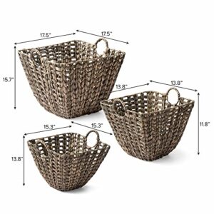 Artera Large Wicker Storage Basket - Set of 3 Woven Water Hyacinth Blanket Baskets with Handle, Natural Nesting Storage Bins for Living Room, Bedroom, Bathroom or Laundry Room