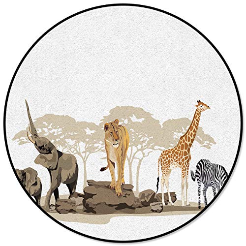 Round Area Rugs Children Crawling Mat Non-Slip Mat, Safari Residential Carpet for Living Room Rugs Decor, Illustration of Wild Savannahs African Animals Giraffe Lion Elephant Zebra, 5Ft(60In）