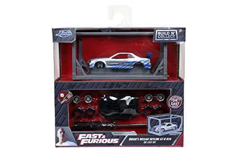 Jada Toys Fast & Furious 1:55 Brian's 2002 Nissan GT-R R34 Build N' Collect Die-cast Model Kit, Toys for Kids and Adults, Blue