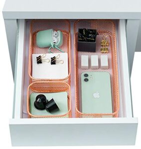 rosework rose gold desk drawer organizers | set of 3 makeup drawer organizer, small drawer organizer for office, office drawer organizer tray for bathroom organization, and makeup organization