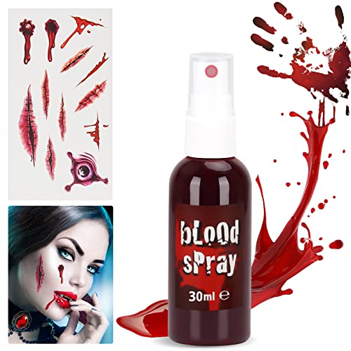 Halloween Fake Blood Spray 1oz, Realistic Safe Washable Fake Blood for Clothes Halloween Blood Makeup Zombie Vampire Bloody Face Blood for Halloween (1oz/30ml)