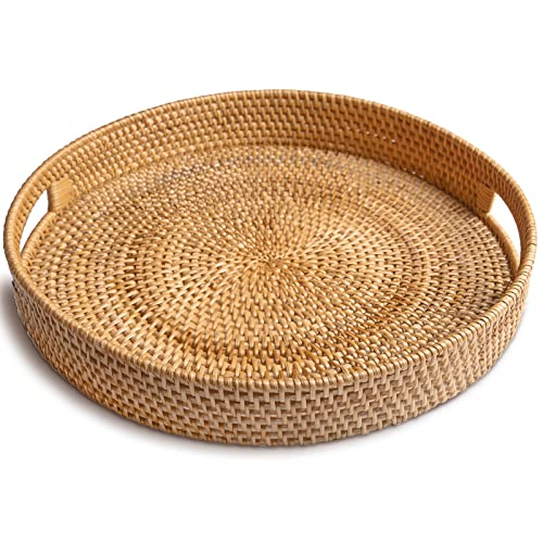 HITOMEN Hand-Woven Round Rattan Serving Tray Decorative Wicker Trays with Handles for Coffee Table