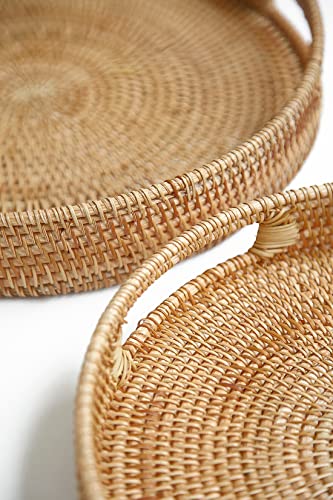 HITOMEN Hand-Woven Round Rattan Serving Tray Decorative Wicker Trays with Handles for Coffee Table