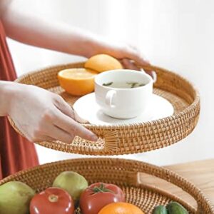 HITOMEN Hand-Woven Round Rattan Serving Tray Decorative Wicker Trays with Handles for Coffee Table