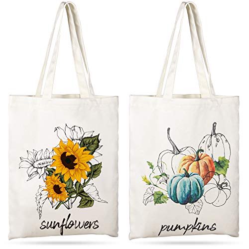 Whaline 2 Pack Fall Canvas Tote Bags Sunflower Tote Bag Pumpkins Canvas Bag Reusable Cotton Handbag Grocery Bags for Shopping Market Travel Beach Autumn Theme Harvest Party Favors, 15.7" x 13.4"