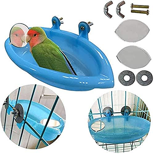 SHINYLYL Bird Bath Tub Bowl Basin Hanging Birdbath Toy Pet Parrot Budgie Parakeet Cockatiel Cage Water Shower Food Feeder with Mirror (Blue)