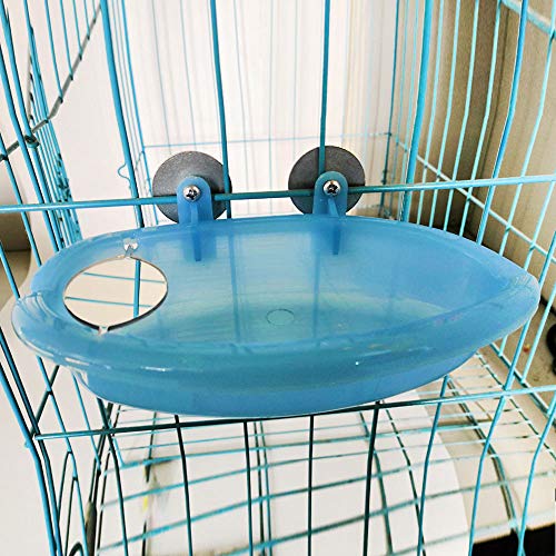 SHINYLYL Bird Bath Tub Bowl Basin Hanging Birdbath Toy Pet Parrot Budgie Parakeet Cockatiel Cage Water Shower Food Feeder with Mirror (Blue)