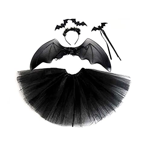 OCSOSO Bat Costume for Girls，Black Wing Set Dress- Witch Dress Up Clothes for Little Kids Tutu Skirt with Headband and Magic Wand Birthday Halloween Christmas Party Black