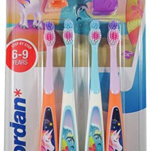 Jordan* Step 3 Kids Toothbrush, 6-9 Years, Soft Bristles, BPA Free - 4 Pack - Blue & Pink