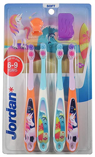 Jordan* Step 3 Kids Toothbrush, 6-9 Years, Soft Bristles, BPA Free - 4 Pack - Blue & Pink