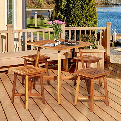 HAPPYGRILL 5 Piece Patio Dining Furniture Set Outdoor Acacia Wood Dining Conversation Set with 4 Stools, Wooden Table and Armless Chair Set for Garden Porch Backyard Balcony Poolside