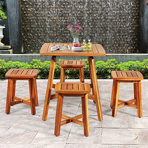 HAPPYGRILL 5 Piece Patio Dining Furniture Set Outdoor Acacia Wood Dining Conversation Set with 4 Stools, Wooden Table and Armless Chair Set for Garden Porch Backyard Balcony Poolside