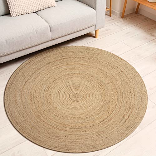 Ramanta Home Jute Braided Rug, 4' Round Natural, Hand Woven Reversible Rugs for Kitchen Living Room Entryway, 4 Feet Round