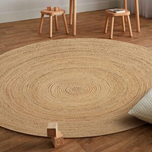 Ramanta Home Jute Braided Rug, 4' Round Natural, Hand Woven Reversible Rugs for Kitchen Living Room Entryway, 4 Feet Round