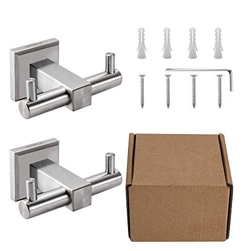 Double Towel Hooks for Hanging ,Premium Stainless Steel Heavy Duty Square Clothes Coat Robe Wall Hook for Kitchen &Garage, Heavy Duty Wall Mounted 2 Pack