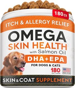 fish oil omega 3 treats for dogs - allergy and itch relief - skin and coat supplement - joint health - wild alaskan salmon oil - shedding, itchy skin relief - omega 3 6 9 - epa & dha - 180 treats