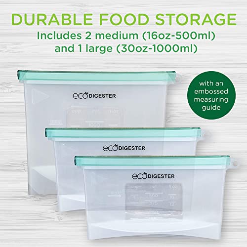 EcoFairy - Reusable Silicone Food Containers, Lunch Box Organizer, Multipurpose Silicone Plastic Bags, Reusable Bags, 3 Pack (2 Medium Bags, 1 Large)