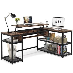 tribesigns l shaped computer desk, 63 inch lift top corner desk with storage shelves, industrial height adjustable standing desk writing table for home office, rustic brown