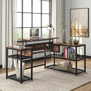 Tribesigns L Shaped Computer Desk, 63 Inch Lift Top Corner Desk with Storage Shelves, Industrial Height Adjustable Standing Desk Writing Table for Home Office, Rustic Brown