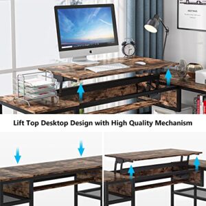 Tribesigns L Shaped Computer Desk, 63 Inch Lift Top Corner Desk with Storage Shelves, Industrial Height Adjustable Standing Desk Writing Table for Home Office, Rustic Brown