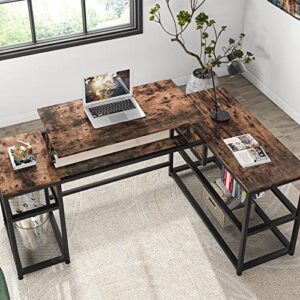 Tribesigns L Shaped Computer Desk, 63 Inch Lift Top Corner Desk with Storage Shelves, Industrial Height Adjustable Standing Desk Writing Table for Home Office, Rustic Brown