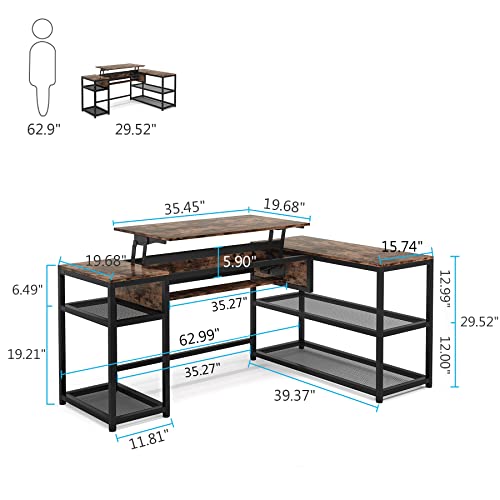 Tribesigns L Shaped Computer Desk, 63 Inch Lift Top Corner Desk with Storage Shelves, Industrial Height Adjustable Standing Desk Writing Table for Home Office, Rustic Brown