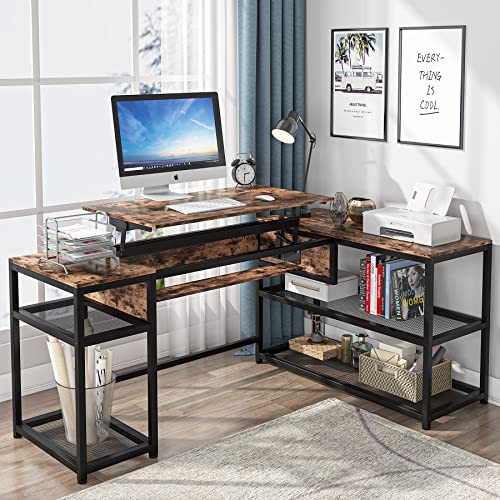 Tribesigns L Shaped Computer Desk, 63 Inch Lift Top Corner Desk with Storage Shelves, Industrial Height Adjustable Standing Desk Writing Table for Home Office, Rustic Brown