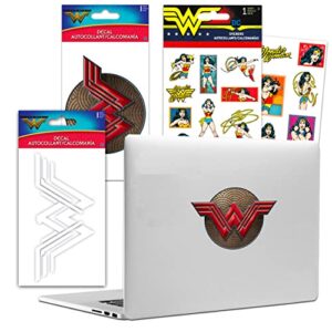 dc comics wonder woman decals set bundle with wonder woman stickers - 3 pack wonder woman decal stickers for laptop, phone, car, walls, room decor (wonder woman party supplies)