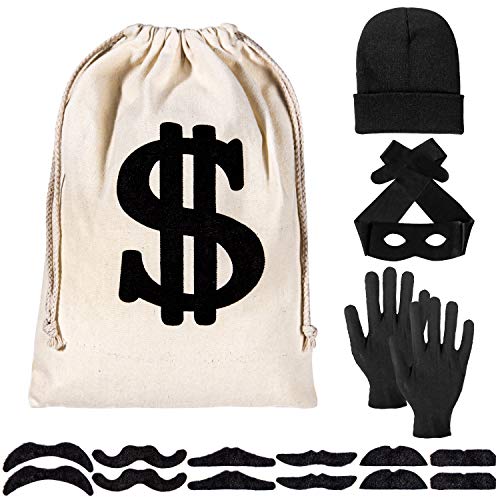 Whaline 16Pcs Robber Costume Set Dollar Sign Money Bag Bandit Eye Cover Knit Beanie Cap Black Gloves Adhesive Fake Mustaches for Halloween Bank Robber Cosplay Pirate Thief Burglar Theme Party