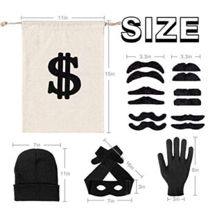 Whaline 16Pcs Robber Costume Set Dollar Sign Money Bag Bandit Eye Cover Knit Beanie Cap Black Gloves Adhesive Fake Mustaches for Halloween Bank Robber Cosplay Pirate Thief Burglar Theme Party