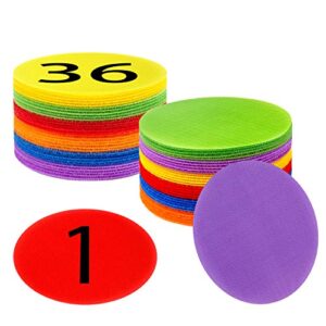 ikayas 72 pcs carpet spots markers carpet circles carpet markers for kids social distancing, number 1-36 and 36 pcs carpet floor dots carpet spots for classroom preshool, 6 colors