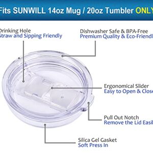 Lid for SUNWILL 14oz Mugs and 20oz Tumblers Only, Spill and Splash Resistant Sliding Covers Replacement 2 Pack, Straw Friendly, BPA Free