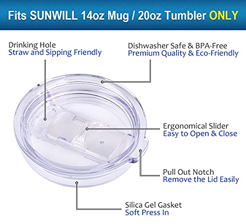 Lid for SUNWILL 14oz Mugs and 20oz Tumblers Only, Spill and Splash Resistant Sliding Covers Replacement 2 Pack, Straw Friendly, BPA Free