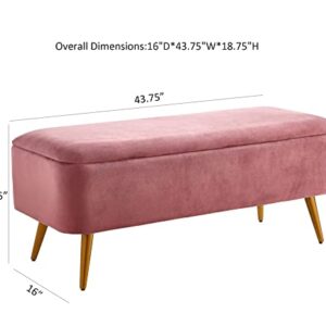 Ball & Cast Upholstered Velvet Storage Bench 44"W x 16"D x 18"H Rose,Golden Powder Coating Legs Set of 1