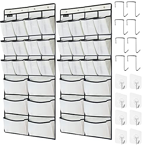 TidyMaster 2 Pack Extra Large Hanging Over Door Shoe Organizers, 12 Mesh Pockets + 6 Large Mesh Storage Various Compartments with 8+8 Hooks Shoes Holder for Closet Bedroom, White (59 x 21.6 inch)…