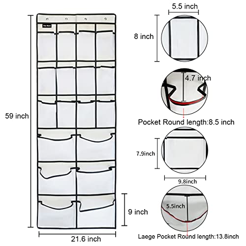 TidyMaster 2 Pack Extra Large Hanging Over Door Shoe Organizers, 12 Mesh Pockets + 6 Large Mesh Storage Various Compartments with 8+8 Hooks Shoes Holder for Closet Bedroom, White (59 x 21.6 inch)…