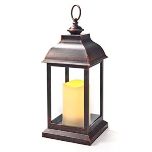 lamplust decorative candle lanterns with led candle -12 inch tall battery powered dark brown lantern with 6-hour timer, rustic bronze finish, flickering led light, autumn & fall decor