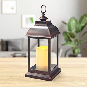 LampLust Decorative Candle Lanterns with LED Candle -12 Inch Tall Battery Powered Dark Brown Lantern with 6-Hour Timer, Rustic Bronze Finish, Flickering LED Light, Autumn & Fall Decor