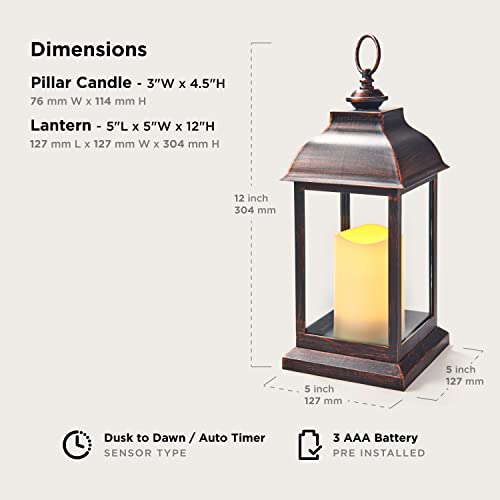 LampLust Decorative Candle Lanterns with LED Candle -12 Inch Tall Battery Powered Dark Brown Lantern with 6-Hour Timer, Rustic Bronze Finish, Flickering LED Light, Autumn & Fall Decor