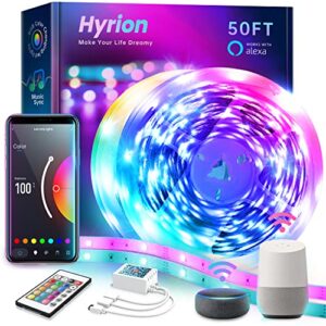 hyrion smart led light strips,50 ft wifi led light,sound activated color changing with alexa and google,sync music with led strip lights for bedroom for living room, home decor(2 rolls of 25ft)