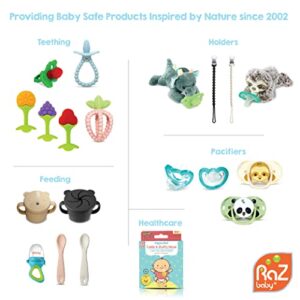 RaZbaby Baby Solids/Frozen Fruit Feeder Pacifier, Infant Teether Toy 6M+, BPA-Free Silicone Pouch & Nipple, Safely Introduce Solids, Teething Relief, Dishwasher Safe, Freezable, 2-Pack – Grey & Tan