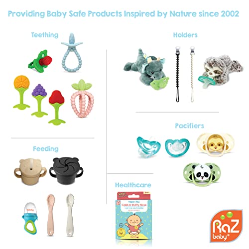 RaZbaby Baby Solids/Frozen Fruit Feeder Pacifier, Infant Teether Toy 6M+, BPA-Free Silicone Pouch & Nipple, Safely Introduce Solids, Teething Relief, Dishwasher Safe, Freezable, 2-Pack – Grey & Tan