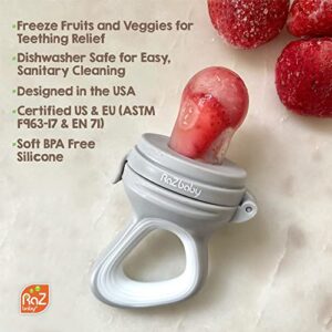 RaZbaby Baby Solids/Frozen Fruit Feeder Pacifier, Infant Teether Toy 6M+, BPA-Free Silicone Pouch & Nipple, Safely Introduce Solids, Teething Relief, Dishwasher Safe, Freezable, 2-Pack – Grey & Tan