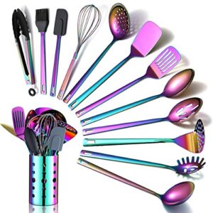 rainbow kitchen utensils set,13 pieces stainless steel cooking utensils set with titanium rainbow plating,kitchen tools set with utensil holder for non-stick cookware dishwasher safe (13 packs)