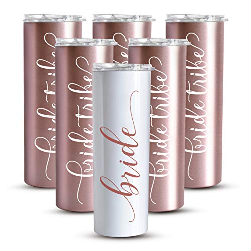 Bride to Be Skinny Tumbler | 20 oz Bride Tribe Stainless Steel Wine Tumblers | Engagement Wedding Gifts Bridesmaids Mugs Bachelorette Party Supplies & Games | Insulated Skinny Rose Gold Cups